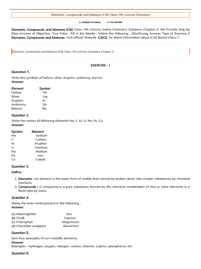 Elements, Compounds and Mixtures Icse Class-7th Concise Chemistry ...
