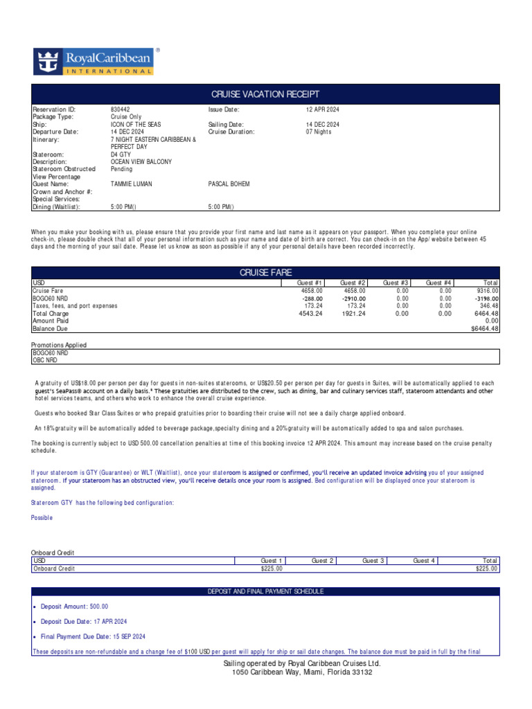 Cruise Vacation Receipt | PDF | Cruise Ship