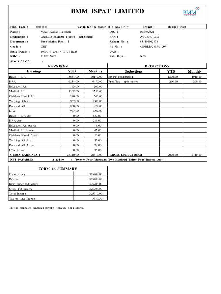BMM Ispat Limited: Earnings Deductions Earnings YTD Monthly Deductions YTD Monthly | PDF | Taxes ...