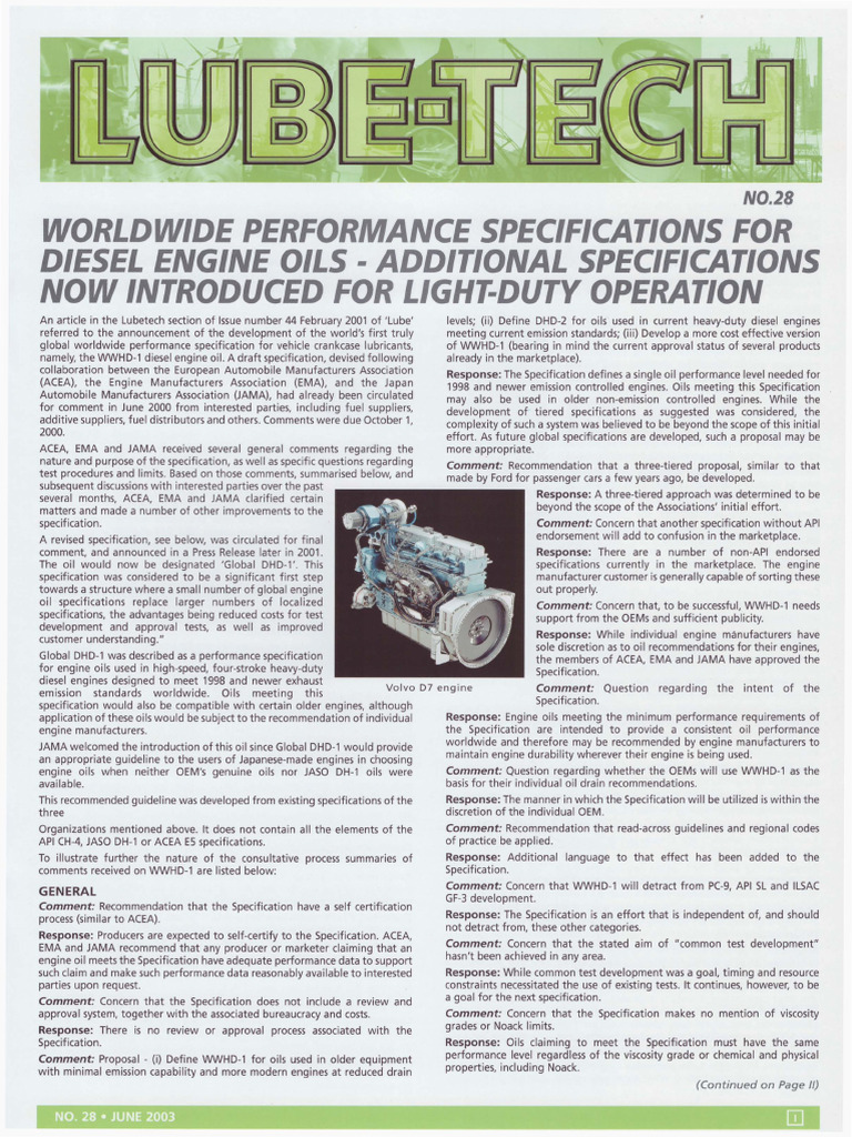 Worldwide Performance Specifications For Diesel Engine Oils ...