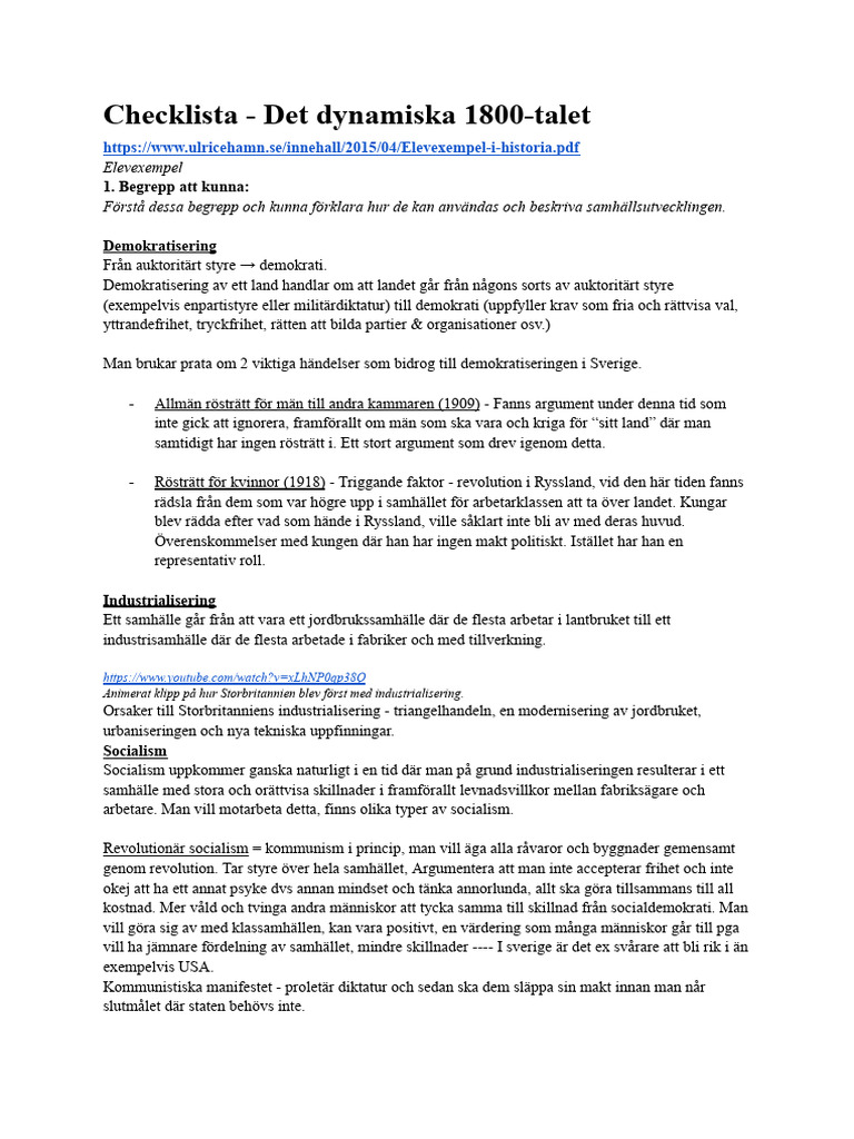 Checklista - Det Dynamiska 1800-Talet - Historia 2 | PDF
