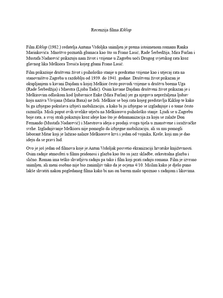 Recenzija Filma Kiklop | PDF