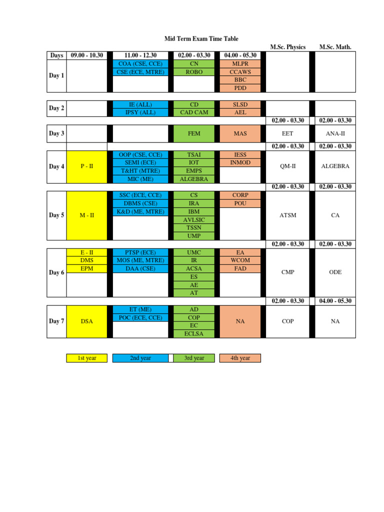 Mid Term Exam Time Table | PDF | Science & Mathematics