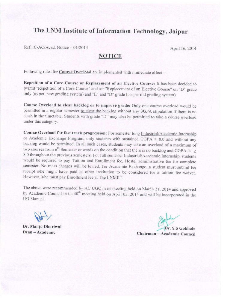 Notice Regarding Rules For Course Overload | PDF