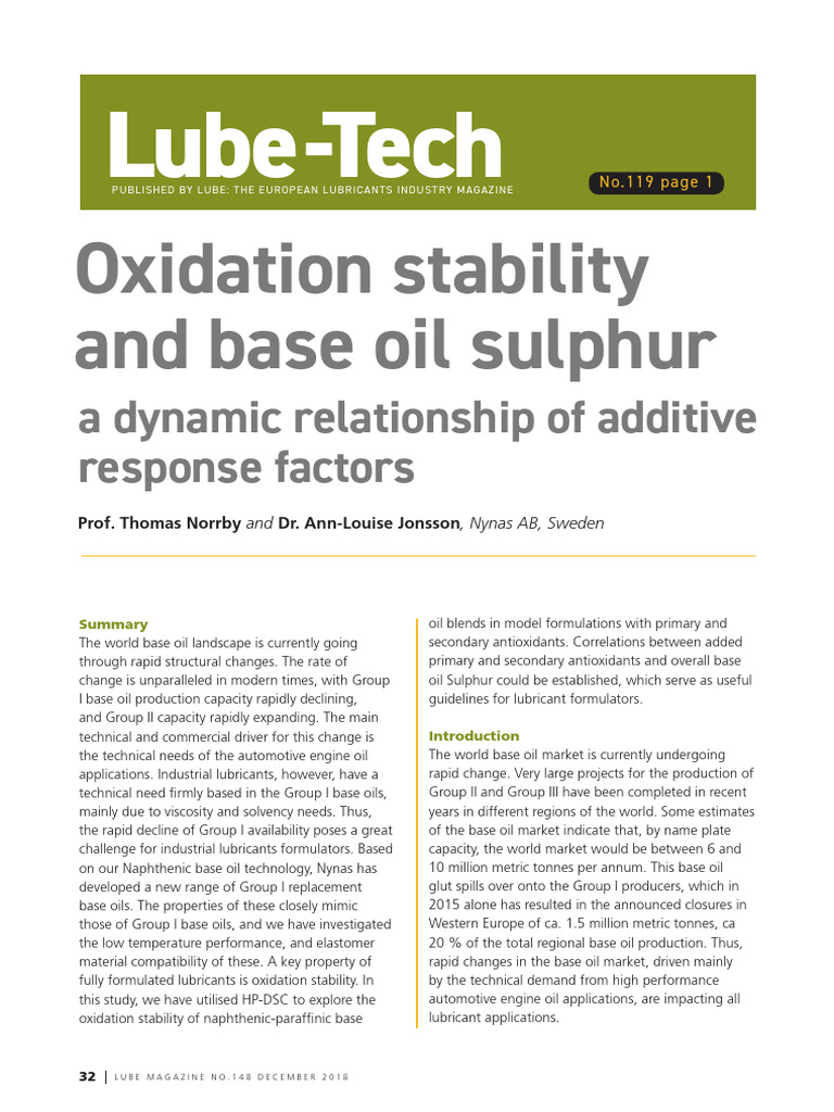 Lube Tech 119 Oxidation Stability and Base Oil Sulphur | PDF | Motor ...