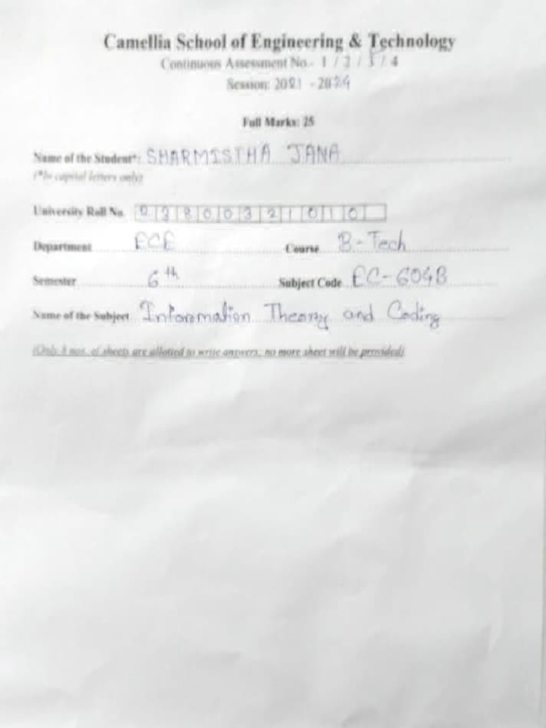 Information Theory and Coding - EC - 604B | PDF