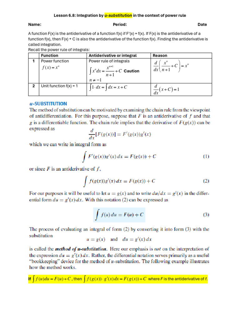 lesson 6.8 Integration by u-substitution on the context of power rule | PDF | Derivative | Integral