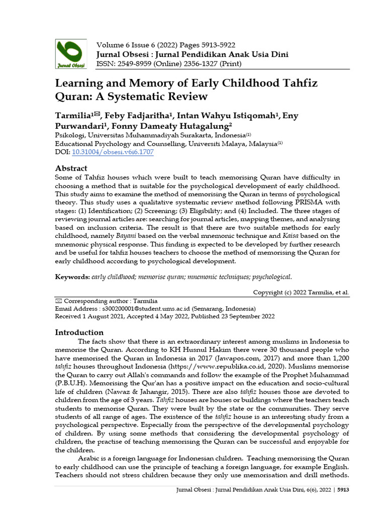 Learning and Memory of Early Childhood T | PDF | Systematic Review ...