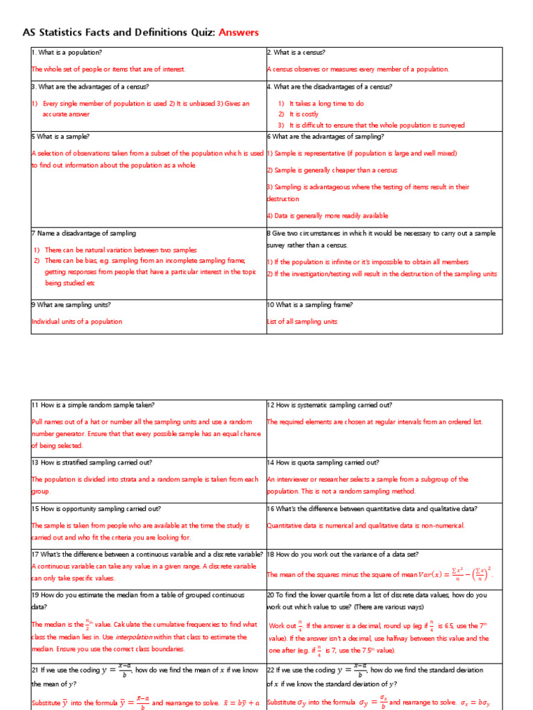 Statistics Quiz: Facts and Definitions | PDF | Sampling (Statistics ...