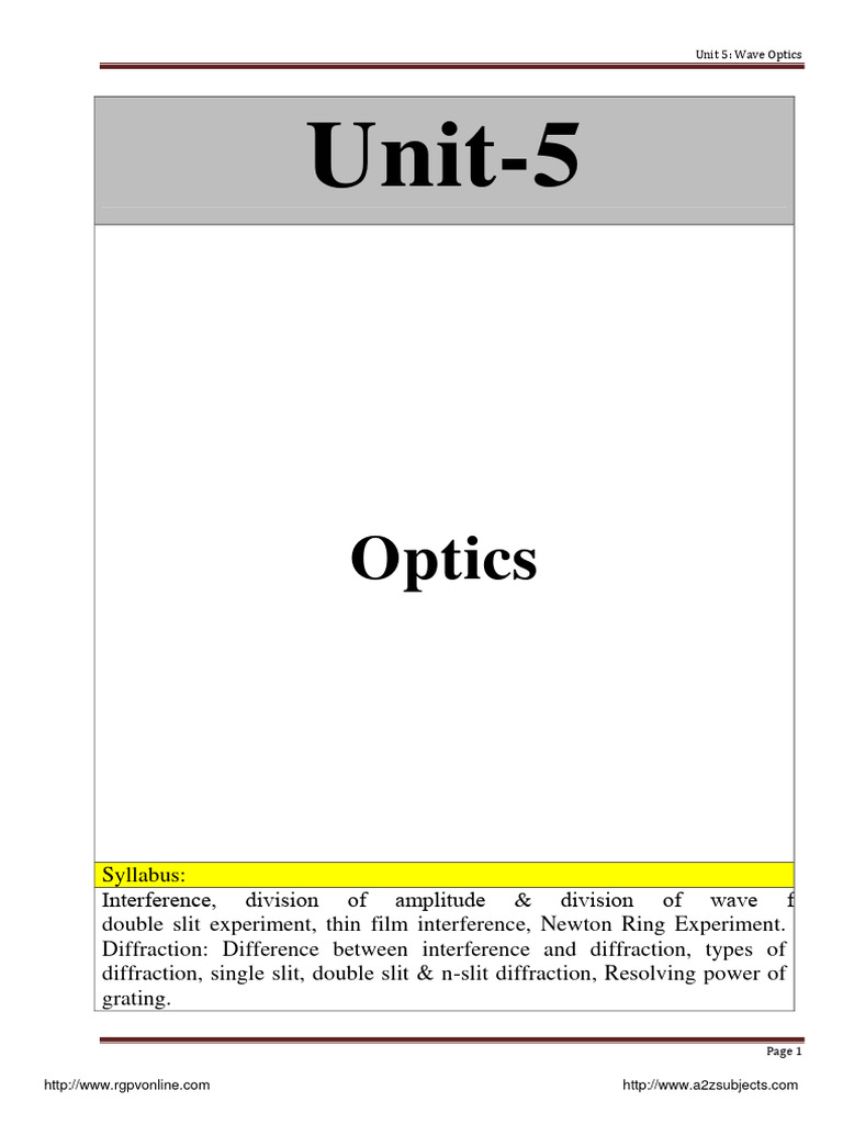 Notes Physics Unit 5 Optics | PDF | Diffraction | Refraction
