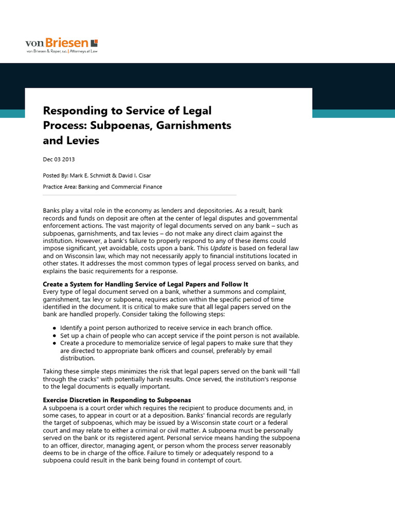 Responding To Service of Legal Process Subpoenas Garnishments and ...