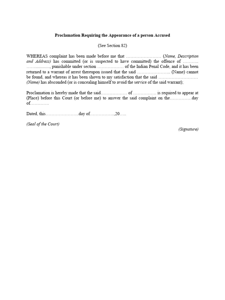 Proclamation Format Under Section 82 CrPC | PDF