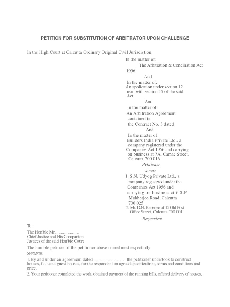 Petition For Substitution of Arbitrator Upon Challenge-Arbitration ...