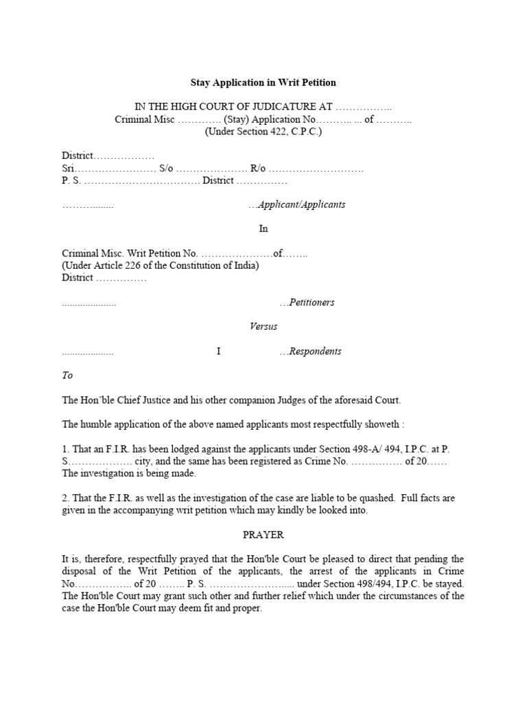 Stay Application in Writ Petition-Drafting-Miscellaneous Template-808 | PDF