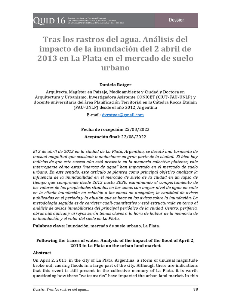Tras Los Rastros Del Agua. Análisis Del Impacto de La Inundación Del 2 Abril de 2013 en La Plata ...