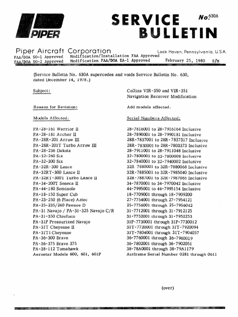 Piper Aircraft Corporation: Faa/Doa So-1 Modif Ication/installation FAA ...