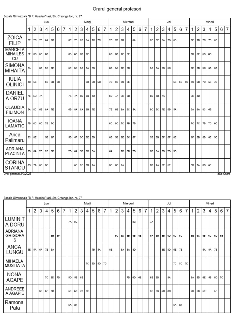Orar General Profesori 13 Februarie | PDF