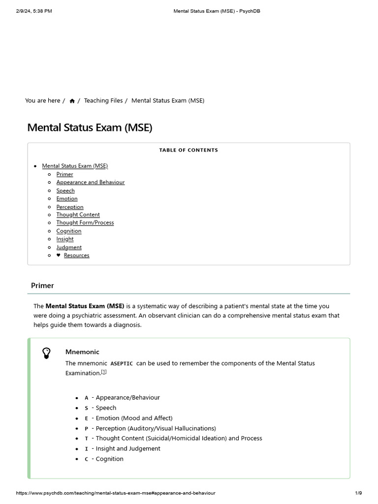 Mental Status Exam (MSE) - PsychDB | PDF | Hallucination | Delusion