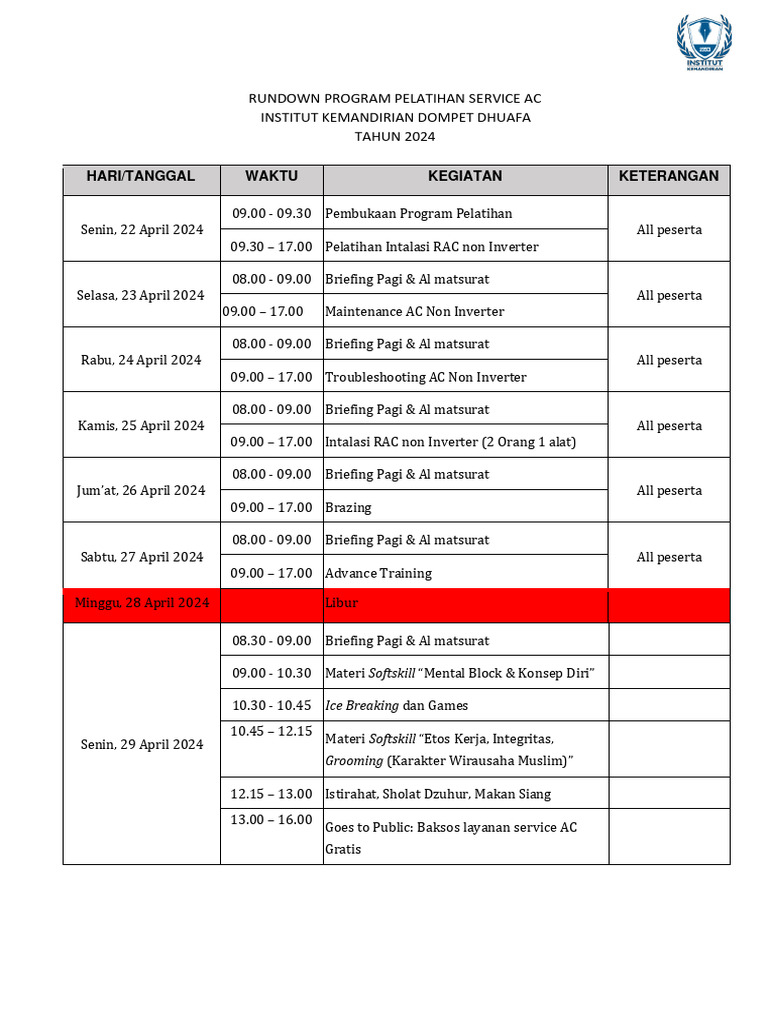 Rundown Program Pelatihan Service Ac | PDF