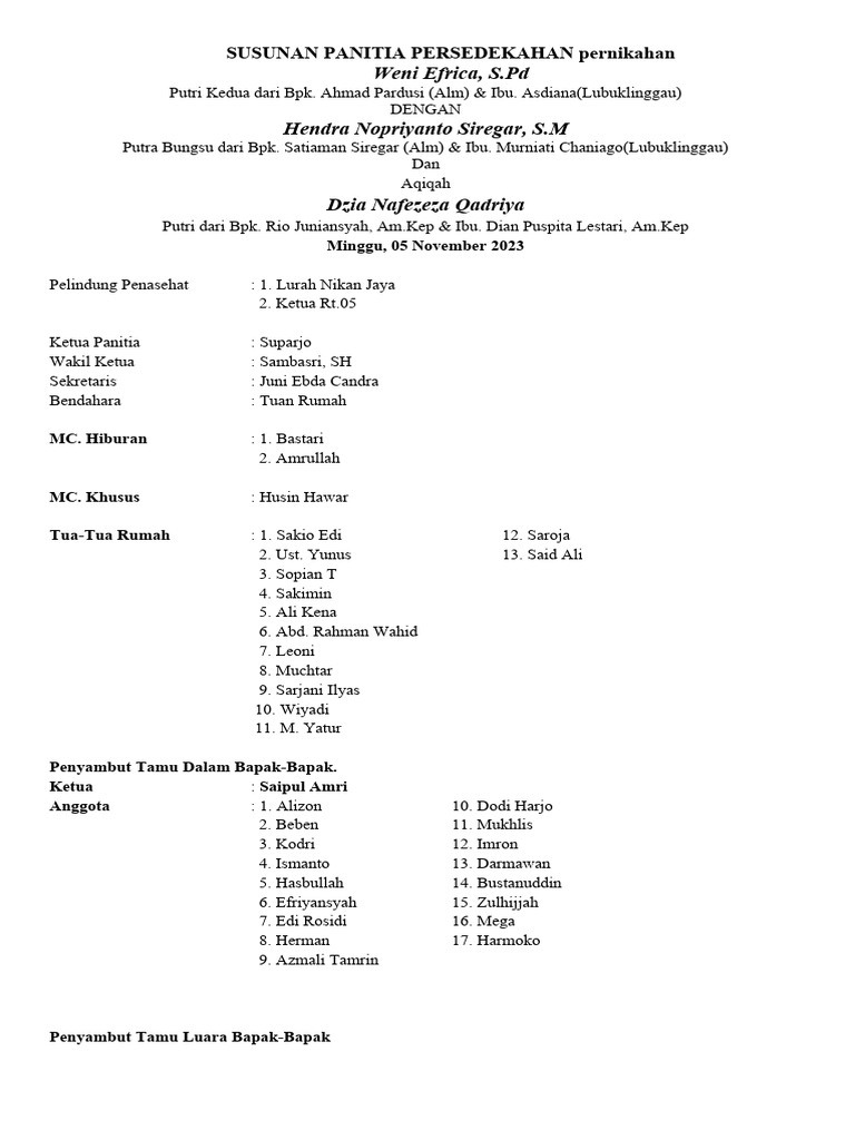 Susunan Panitia Persedekahan Weni | PDF