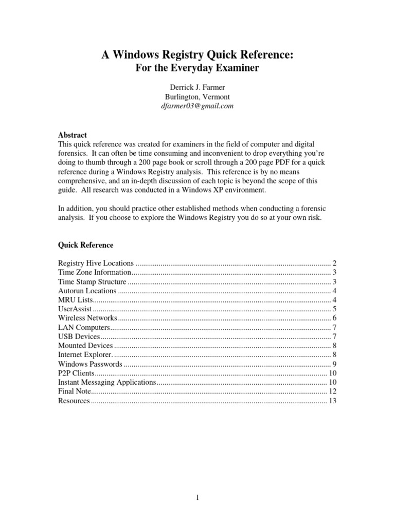 A Windows Registry Quick Reference - For The Everyday Examiner - by ... A Windows Registry Quick Reference - For The Everyday Examiner - by ...