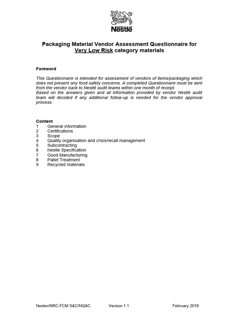 Very Low Risk Vendor - Assessment Questionnaire - FINAL - Oct 2018 ...
