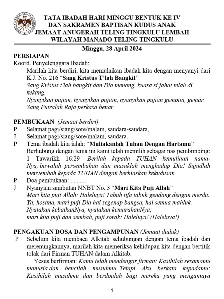 TATA IBADAH HARI MINGGU 28 April 2024) | PDF | Seni & Disiplin Bahasa | Kajian Bahasa Asing