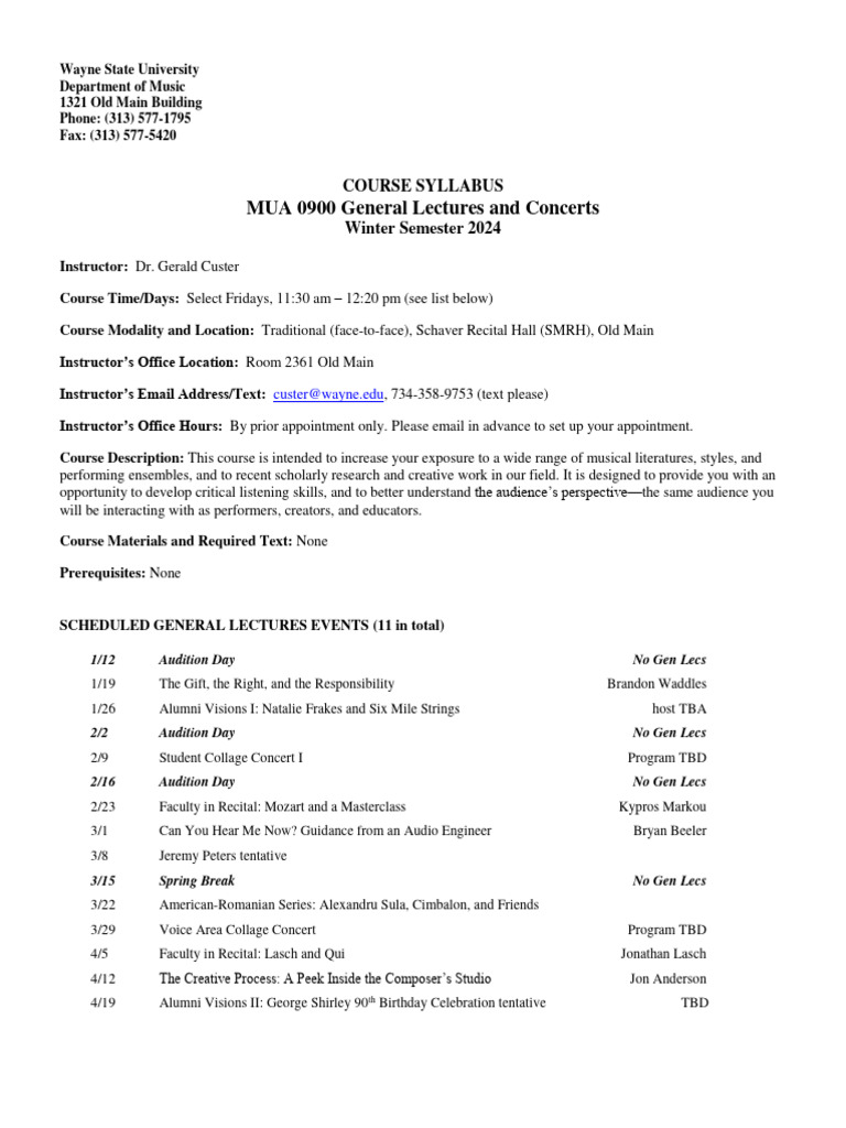 MUA 0900 Winter 2024 Syllabus | PDF | Academic Dishonesty