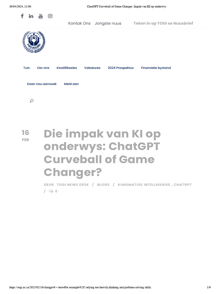ChatGPT Curveball of Game Changer - Impak Van KI Op Onderwys | PDF