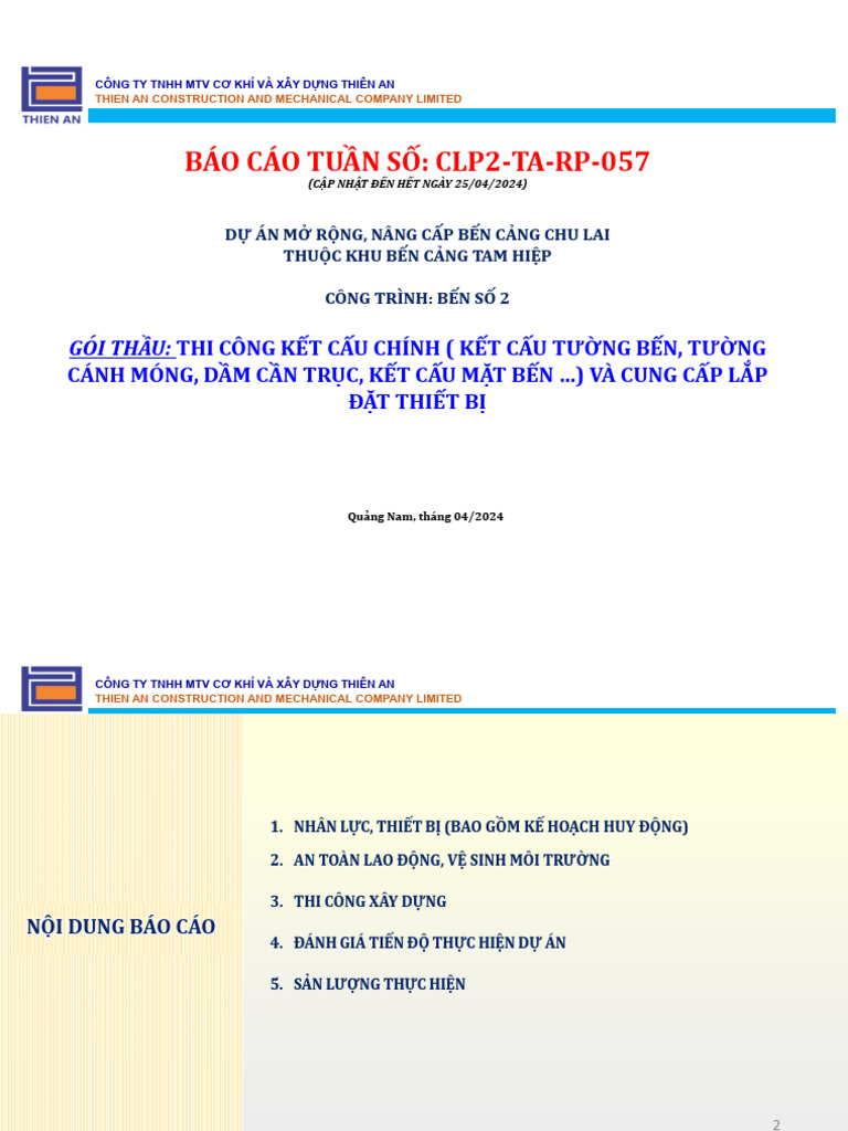 240425 - CLP2-TA-RP-057 - BÁO CÁO TUẦN | PDF