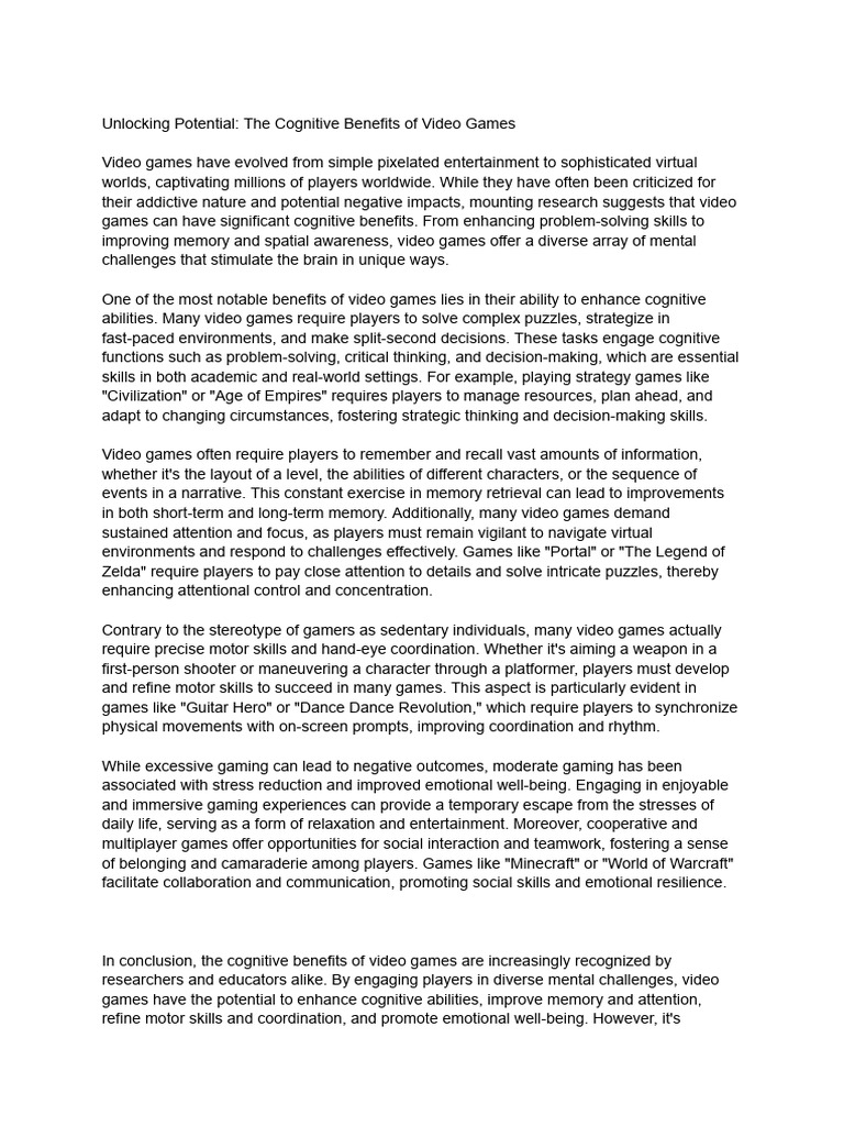 Unlocking Potential - The Cognitive Benefits of Video Games | PDF | Cognition | Video Games