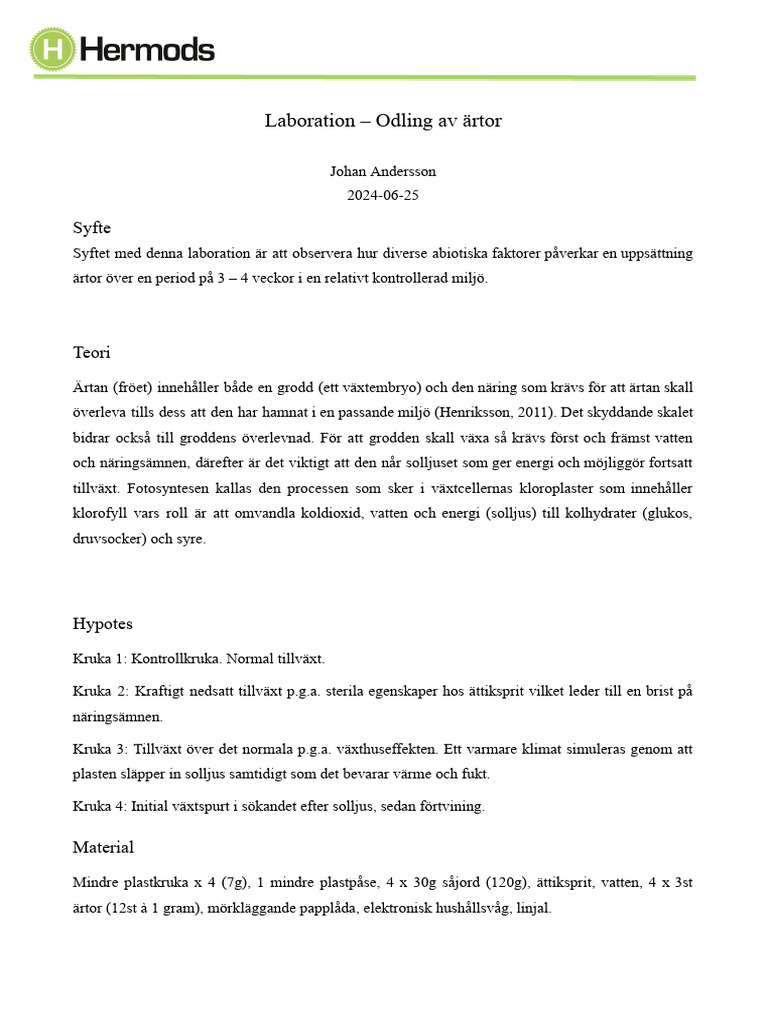 Odling Av Ärta - Rapport - E-Nivå | PDF