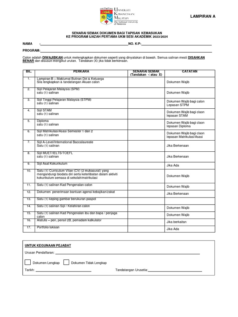 Lampiran A Senarai Semak Dokumen | PDF