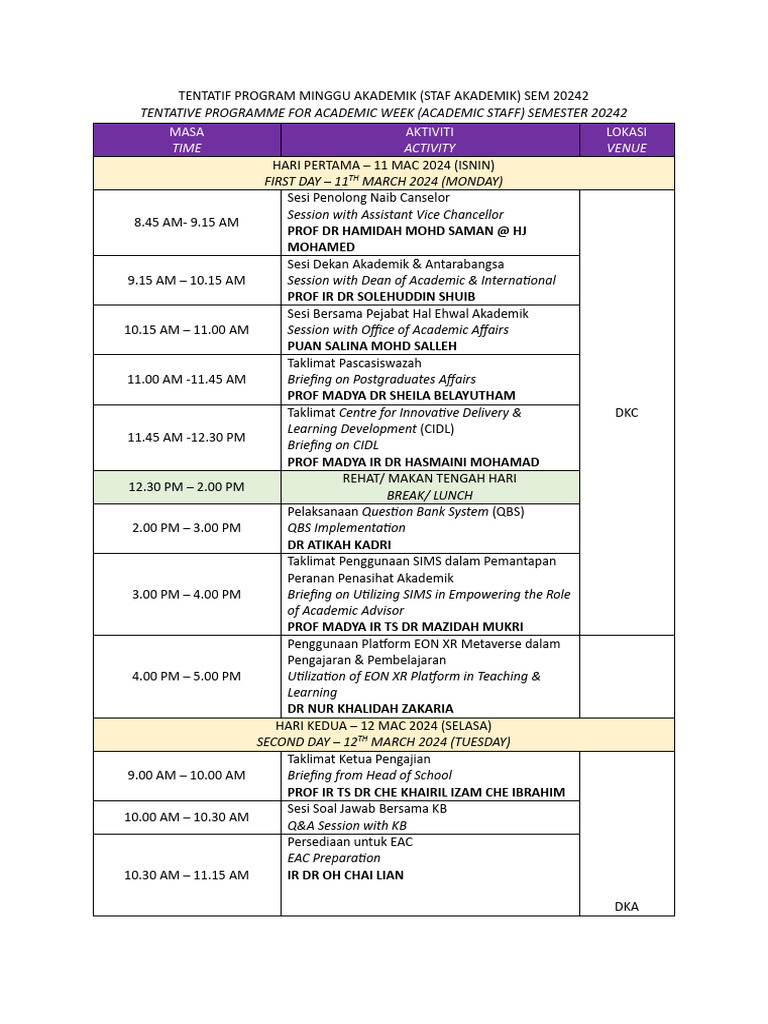 Tentative Academic Week Program 2024 | PDF
