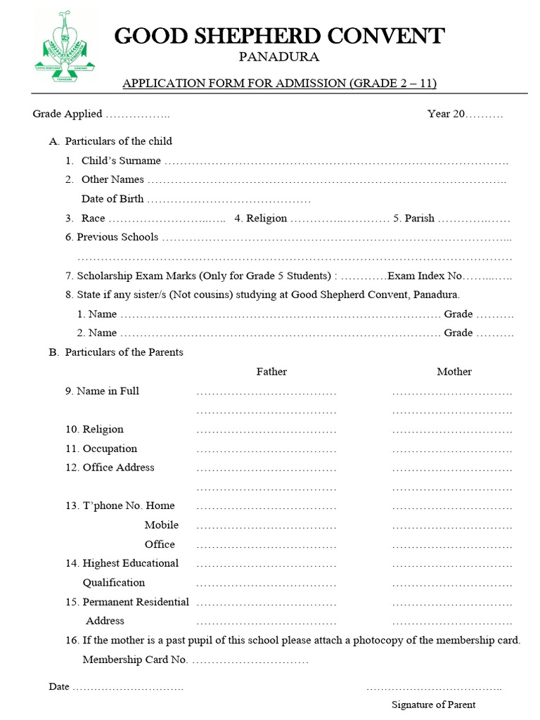 Application Form For Grade-2-11th | PDF
