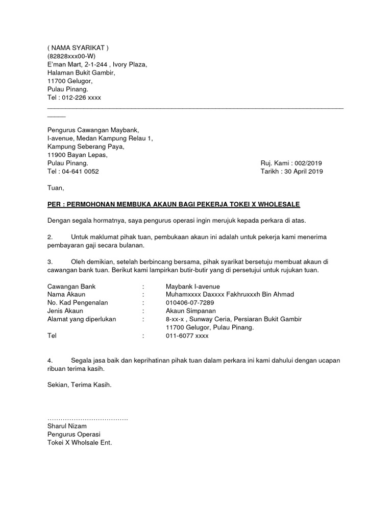 Surat Buka Akaun Bank Untuk Pekerja | PDF