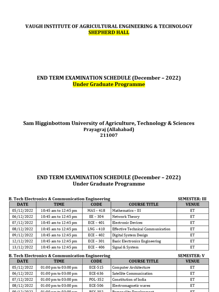 End Term Examination Schedule Shepherd Hall - Dec 2022 | PDF | Electrical Engineering ...