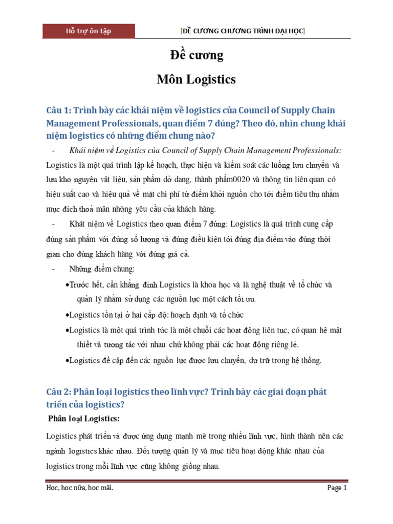 Đề Cương Môn Logistics | PDF