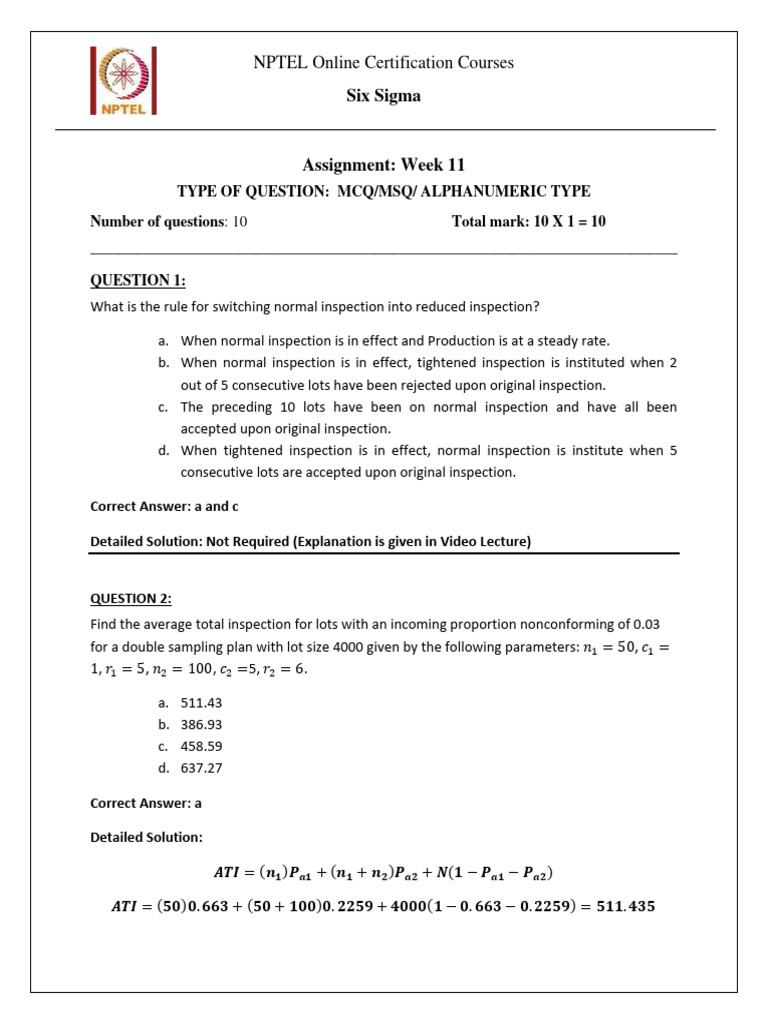 Six Sigma - WEEK 11 - ASSIGNMENT JAN-APRIL 2024 | PDF | Standard Deviation | Sampling (Statistics)