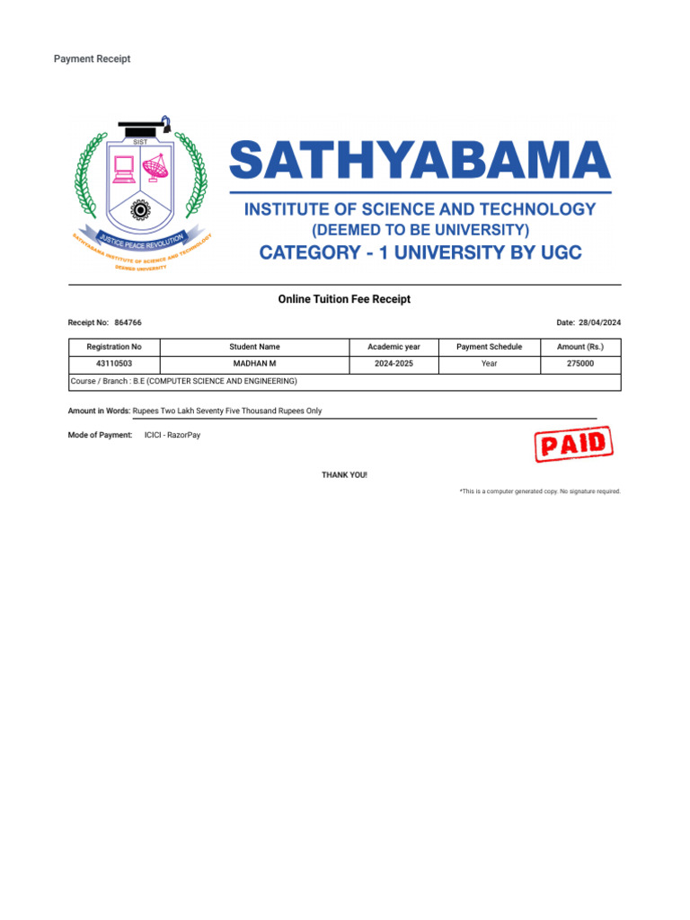 Sathyabama FEE Portal | PDF
