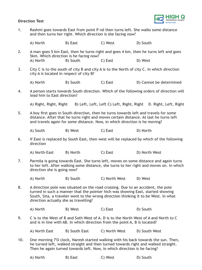Direction Reasoning Test Questions | PDF