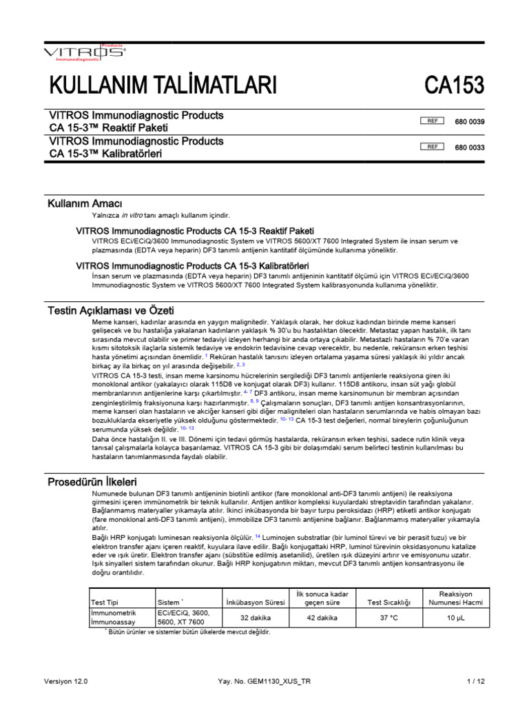 Ca 15-3 Vitros | PDF