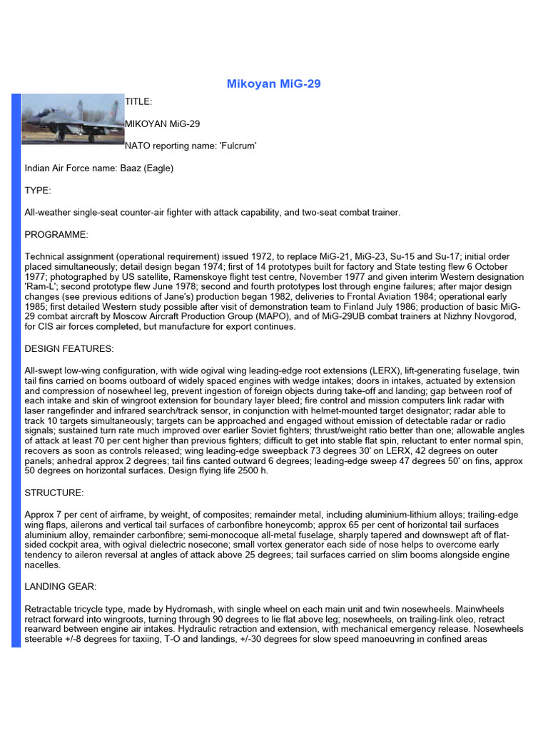 Mikoyan MiG - 29 | PDF | Aerospace | Aircraft