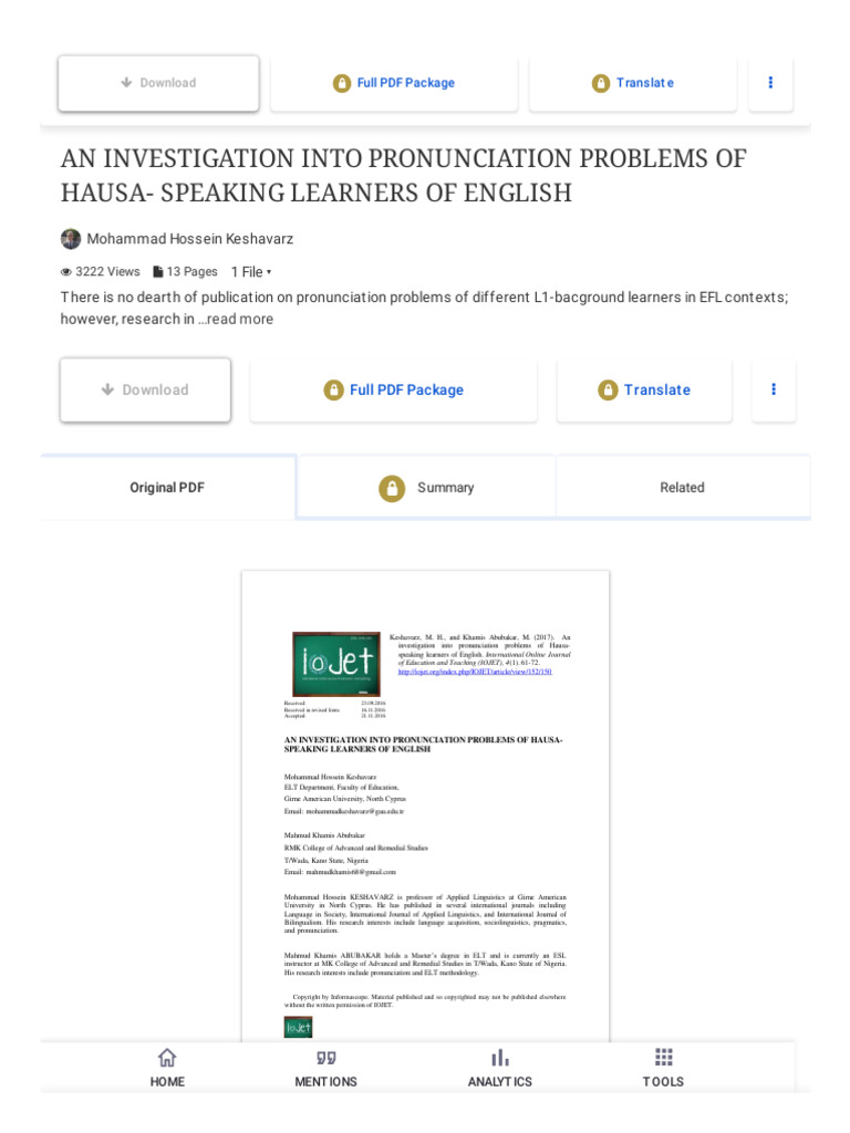 AN INVESTIGATION INTO PRONUNCIATION PROBLEMS OF HAUSA - SPEAKING LEARNERS OF ENGLISH - Mohammad ...