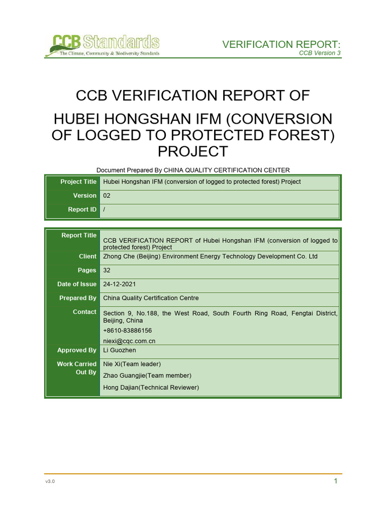CCB Verification Report: Hubei Hongshan IFM | PDF | Verification And Validation