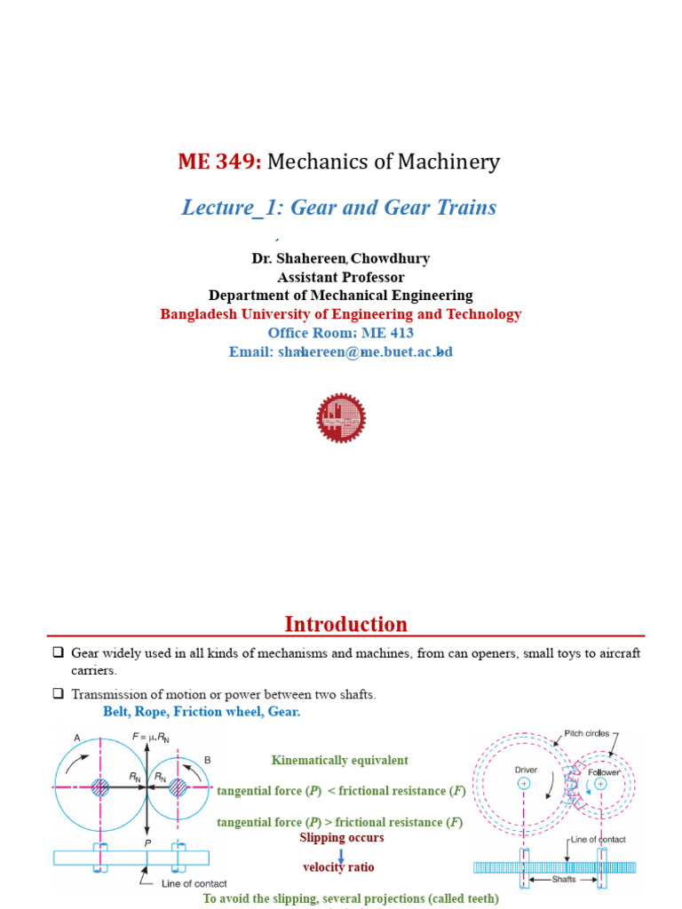 Lecture - 1 - Gear & Gear Trains | PDF | Gear | Manufactured Goods