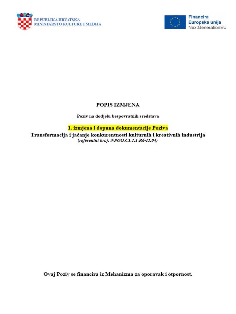 Popis Izmjena - 1. Izmjena I Dopuna Dokumentacije Poziva | PDF