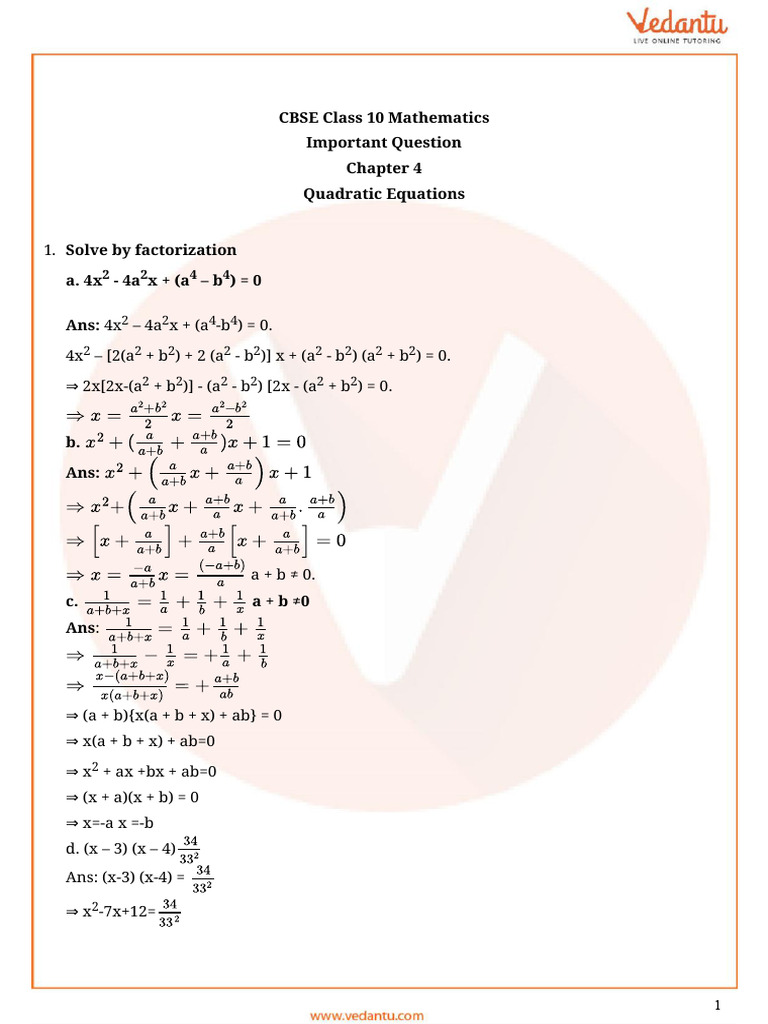 CBSE Class 10 Maths Chapter 4 - Quadratic Equations Important Questions 2022-23 | Download Free ...