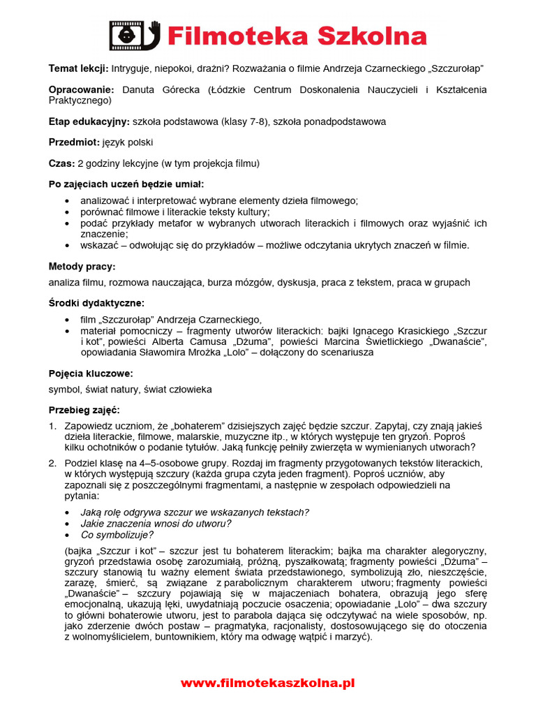Lekcja 8 Intryguje Niepokoi Drazni Rozwazania o Filmie Andrzeja Czarneckiego Szczurolap | PDF