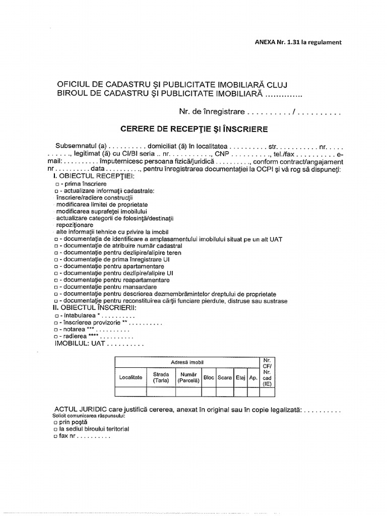 CERERE DE RECEPTIE Si INSCRIERE Anexa31 | PDF